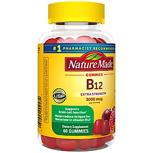 Nature Made Extra Strength Vitamin B12 Gummies, 3000 mcg per serving, B12 Vitamin Supplement for Energy Metabolism Support, 60 Gummy Vitamins, 30 Day Supply