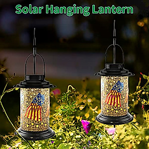 Hanging Solar Lantern, American Flag Lantern, Solar Lanterns Outdoor Waterproof, Black Metal LED Lamp for Outdoor Garden Patio Lawn Decor