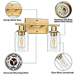 ShineTech 2-Light Gold Bathroom Vanity Light Fixtures, Modern Wall Lighting with Clear Glass, Brushed Brass Wall Sconce Light for Mirror, Living Room