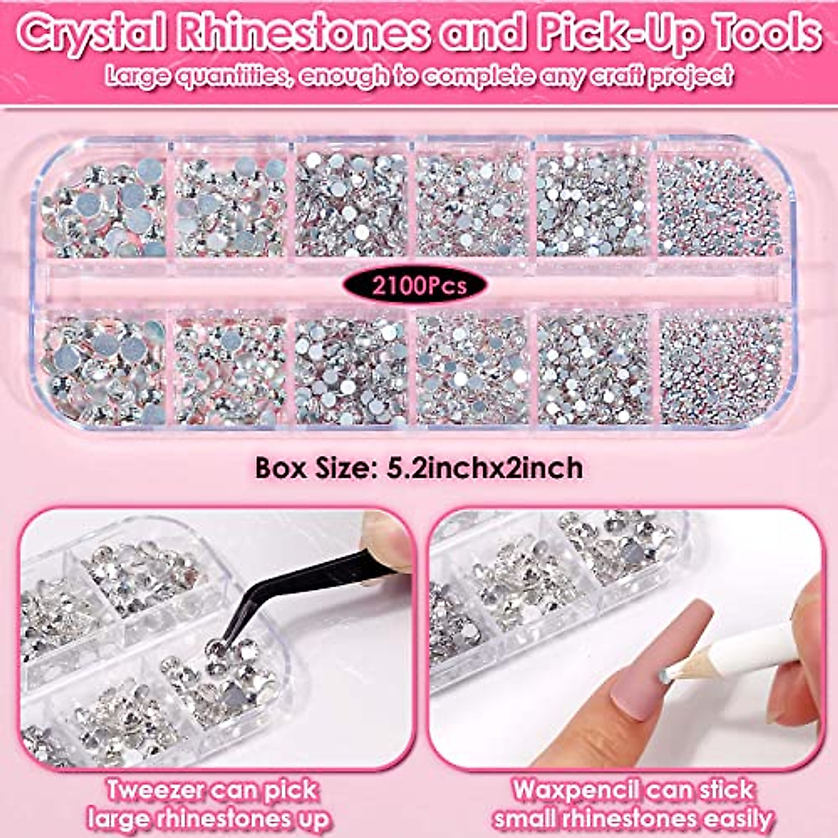 Audab B7000 Jewelry Adhesive Glue with Rhinestones for Crafts, 2100Pcs Flat Back Gems Crystal Rhinestones with Tweezer Dotting Tools Clear Glue for DIY Clothes Fabric Shoes Jewelry Making Nail Art