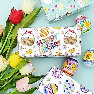 Easter Wrapping Paper,4 Sheets 4 Designs Bunny Eggs Chicken Gift Wrapping Paper,20 x 28 Inch Funny Cute Pattern Gift Wrap With Ribbon For Easter Spring Birthday Holiday Baby Shower Party All Occasion