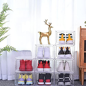 Yukui LLc Large Clear Shoe Boxes Stackable,6 Pack Hard Plastic Shoe Storage Boxes with Magnetic Door,Drop Front Shoe Organizer Containers,Shoe Case Sneakers Storage Fit US Size 12 Clear