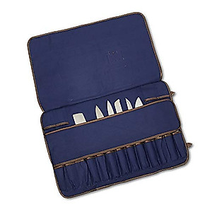 One Selva Chef Knife Bag, Case, Organizer - 17 Slots - Canvas + Blue & Brown Faux Leather - Handles + Carrying Strap - Extra Personal Pocket- Chef Utensil Holder - Travel Roll Bag - Kitchen Organizer