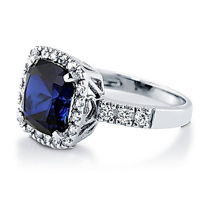 BERRICLE Sterling Silver Halo Simulated Blue Sapphire Cushion Cut Cubic Zirconia CZ Statement Cocktail Fashion Ring for Women, Rhodium Plated Size 6