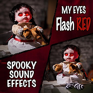 NEYEABL 10" Spirit Animatronic Ghost Girl Doll Halloween Decorations-Sound Activated Creepy Sound & Head & Hand Movements Red Eyes Lit, Haunted House Holiday Props, Halloween Spooky Animations