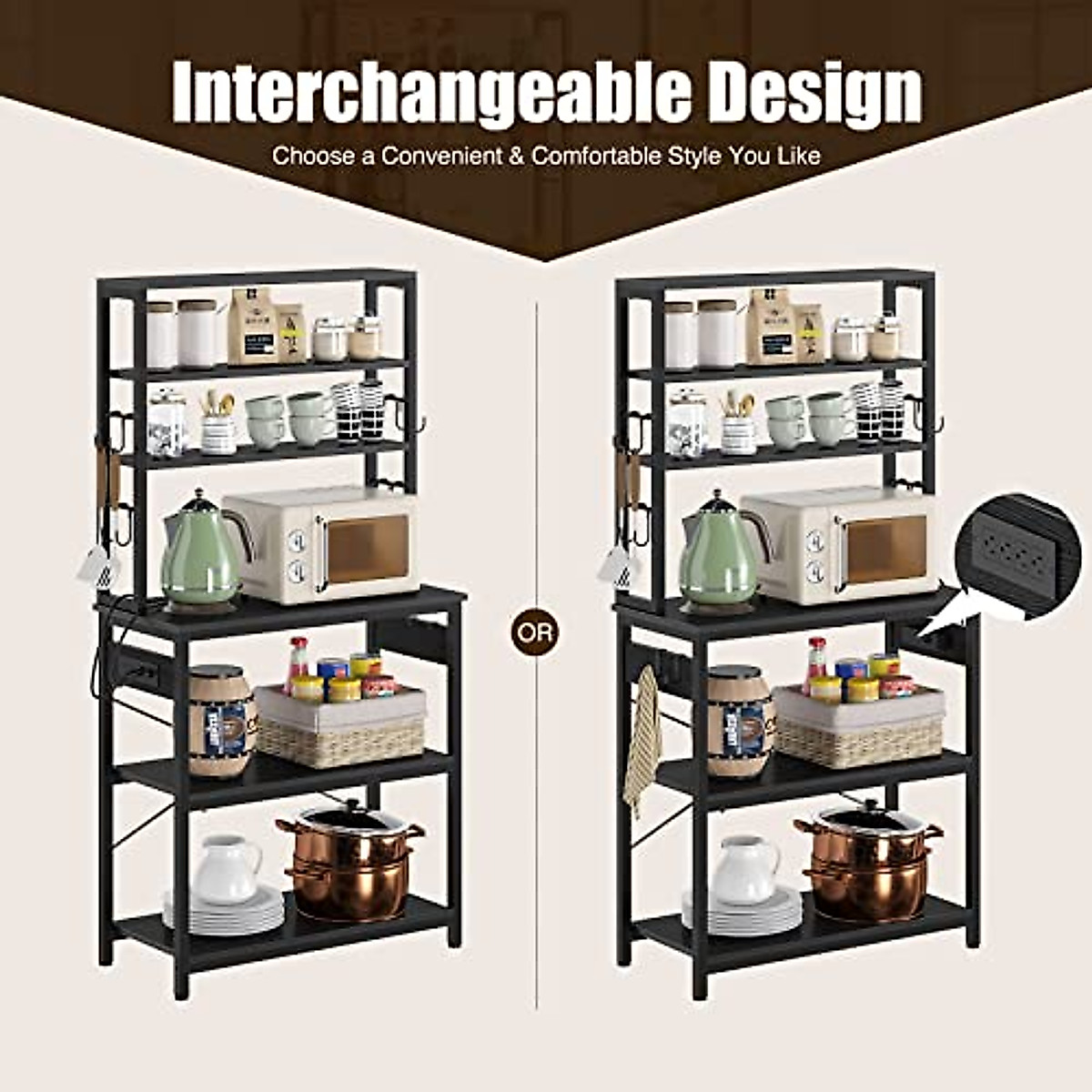 Rolanstar Baker's Rack with 4AC Power Outlet, 65.7inch Microwave Oven Stand with 10 Hooks, Stable Coffee Bar Table, 6-Tier Kitchen Storage Shelf Rack, Kitchen Utility Rack with Hutch, Black