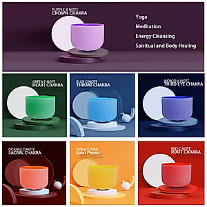 FMTY Singing Bowl 7pcs 6-12Inch A-G Note colored Crystal Singing Bowl with Soft Carrying Bag Mindfulness, Yoga, Spiritual and Body Healing and Energy Cleansing
