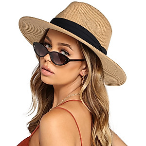 FURTALK Womens Mens Wide Brim Straw Panama Hat Fedora Summer Beach Sun Hat UPF Straw Hat for Women Khaki