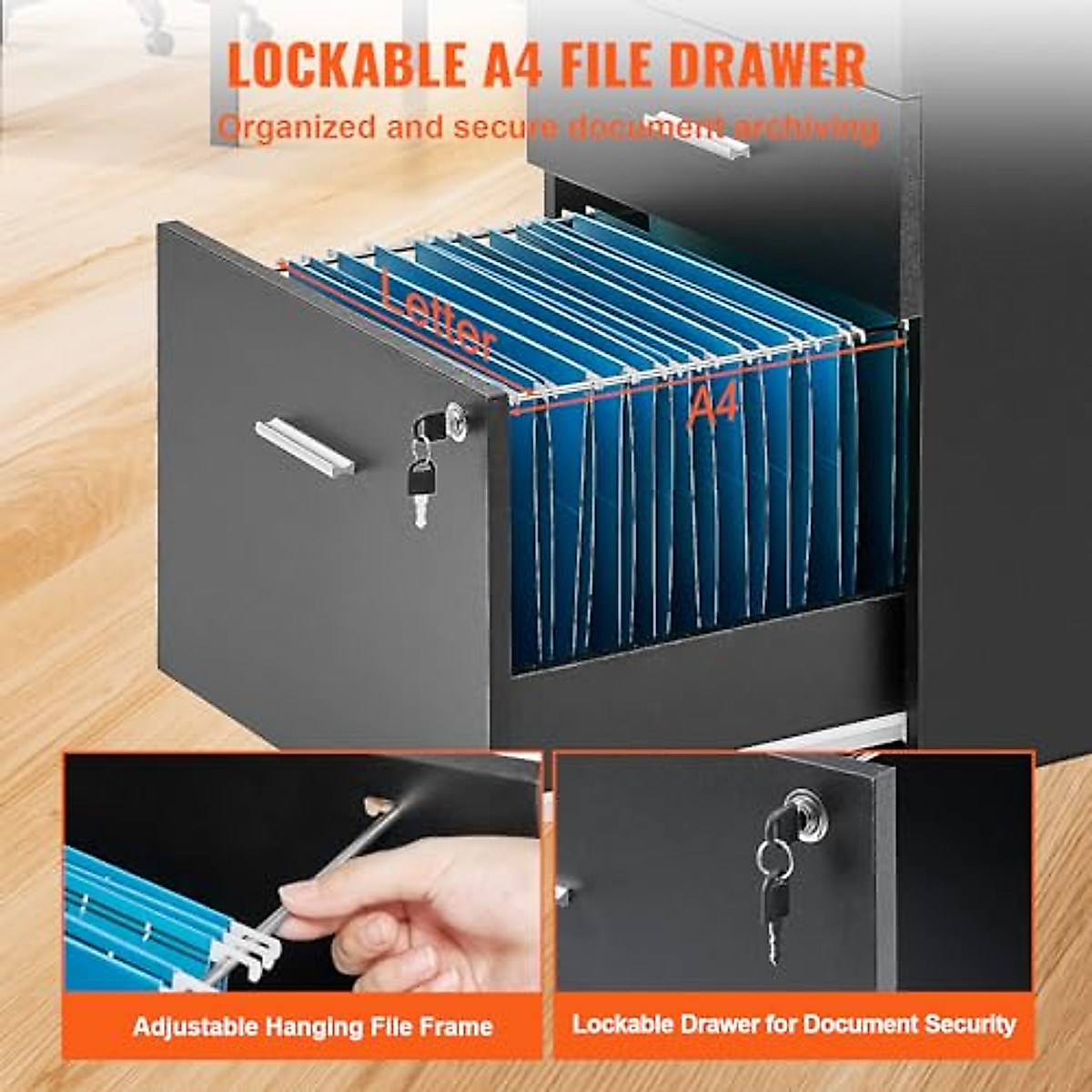 VEVOR File Cabinet, 3-Drawer Wood Filing Cabinet, Locking Office Cabinet for Letter/A4 Size, File Cabinet with 5 Wheels for Home Office, Black