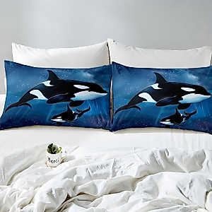 Erosebridal Killer Whale Bed Sheets for Kids Ocean Animal Full Size Sheet Sets, Psychedelic Galaxy Sheets Starry Sky Bedding Sheets & Pillowcases, Black and White Fish Flat Sheet Navy Sea Theme Decor