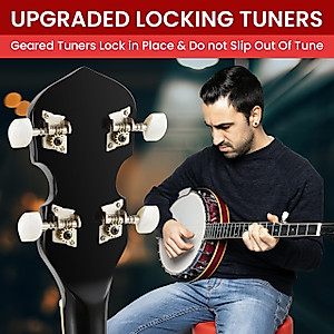 Pyle Banjo Kit with Remo Head and Sapele Resonator, 39" Full Size Traditional Open or Closed Back 5 String Instrument with 24 Brackets, Geared 5th Tuner, Premium Accessory Kit (Red Burst)