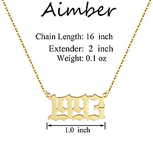 Aimber Birth Year Necklace 18K Gold Plated Birth Year Number Pendant Necklace Stainless Steel Birthday Year Necklace for Women,1970-2024(1993)