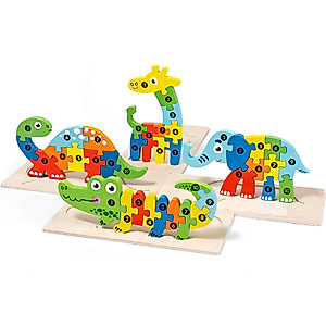 issray Wooden Puzzles for Toddlers, Preschool Animal Puzzles Montessori Toys for 1 2 3 Year Old Boys Girls, Educational Toys with 4 Animal Patterns, Christmas Birthday Gifts for Kids