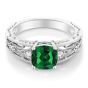 Gem Stone King 925 Sterling Silver Green Nano Emerald Engagement Ring For Women (1.16 Cttw, Cushion 6MM, Available in size 5, 6, 7, 8, 9)