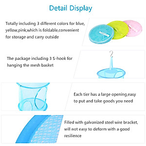 LANMOK 3pcs Hanging Mesh Storage Basket Foldable Space Saving Toy Organizer With 3pcs S hooks for Kids Room Bathroom Wall Balcony Wardrobe