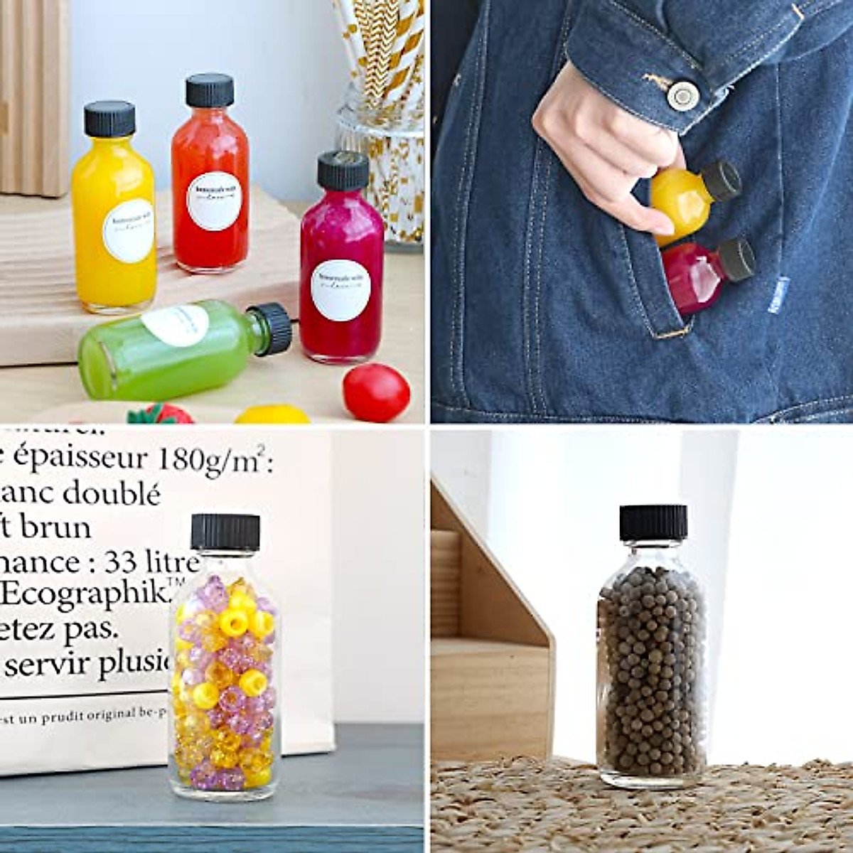 CUCUMI Shot Bottles with Caps, 14pcs 2oz Small Clear Glass Juice Bottles with Lids for Juice, Potion, Ginger, Diy Essential Oils, Whiskey, with Funnels, Perfumes