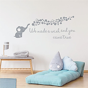 Home Nursery Room Wall Decor Sticker Baby Elephant Blowing Bubble Wall Sticker Vinyl Wall Decal Quotes We Made a Wish and You Came True Kids Bedroom Wall Mural AFN100 (Gray)