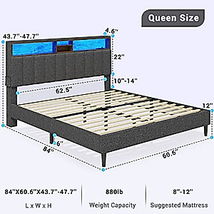 ADORNEVE Queen LED Bed Frame with Outlet and USB Ports, Queen Bed Frame with Storage Headboard, Modern Platform Bed with Storage & LED Lights, No Box Spring Needed, Easy Assembly, Dark Grey