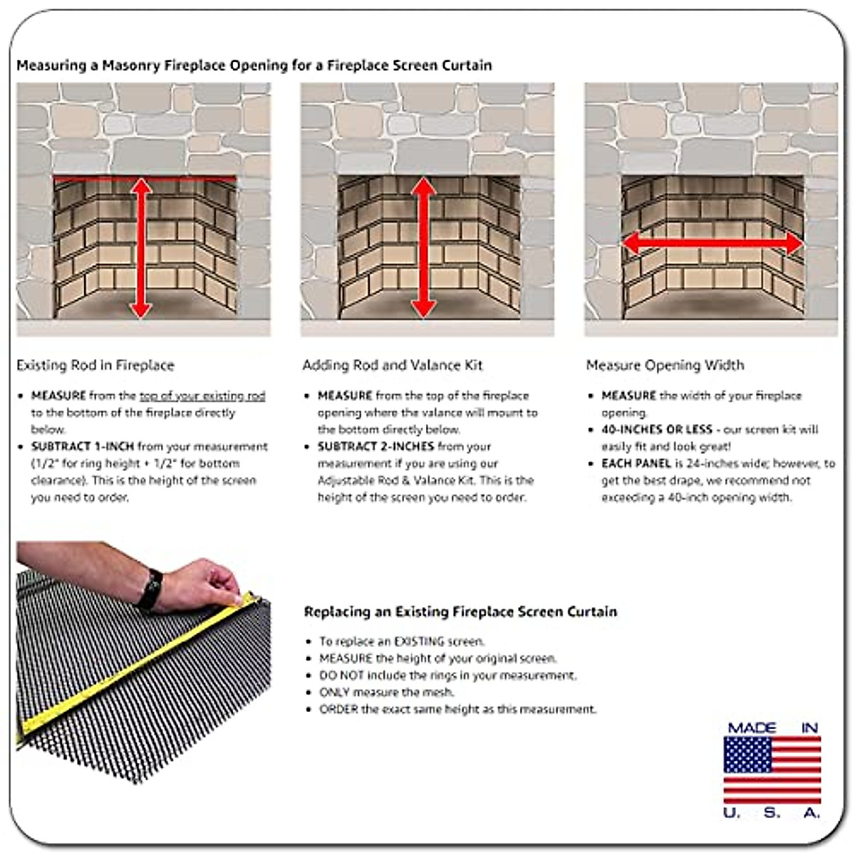 Midwest Hearth Fireplace Mesh Screen Curtain 20" High. Two 24" Wide Panels. Made in USA (Black)