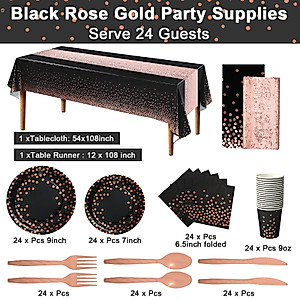 Capoda Black and Rose Gold Party Supplies Serve 24 Guest Rose Gold Dot on Black Paper Plate Napkin Cup Disposable Tablecloth Sequin Table Runner Cutlery for Wedding Bridal Shower Birthday Decorations