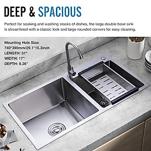DuyviSteil T-304 Modern Nano-Coated Stainless Steel Kitchen Sink, Drop in & Topmount Double Bowl Sinks with Drainage Pipes and Fruit Baskets (30.7 x 16.9)