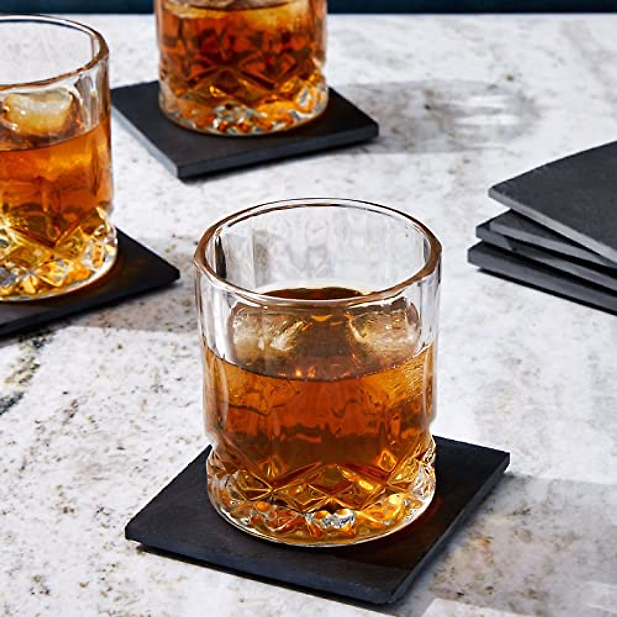 Set of 8 Square Black Slate Coasters with Holder for Coffee Table (4x4 in)