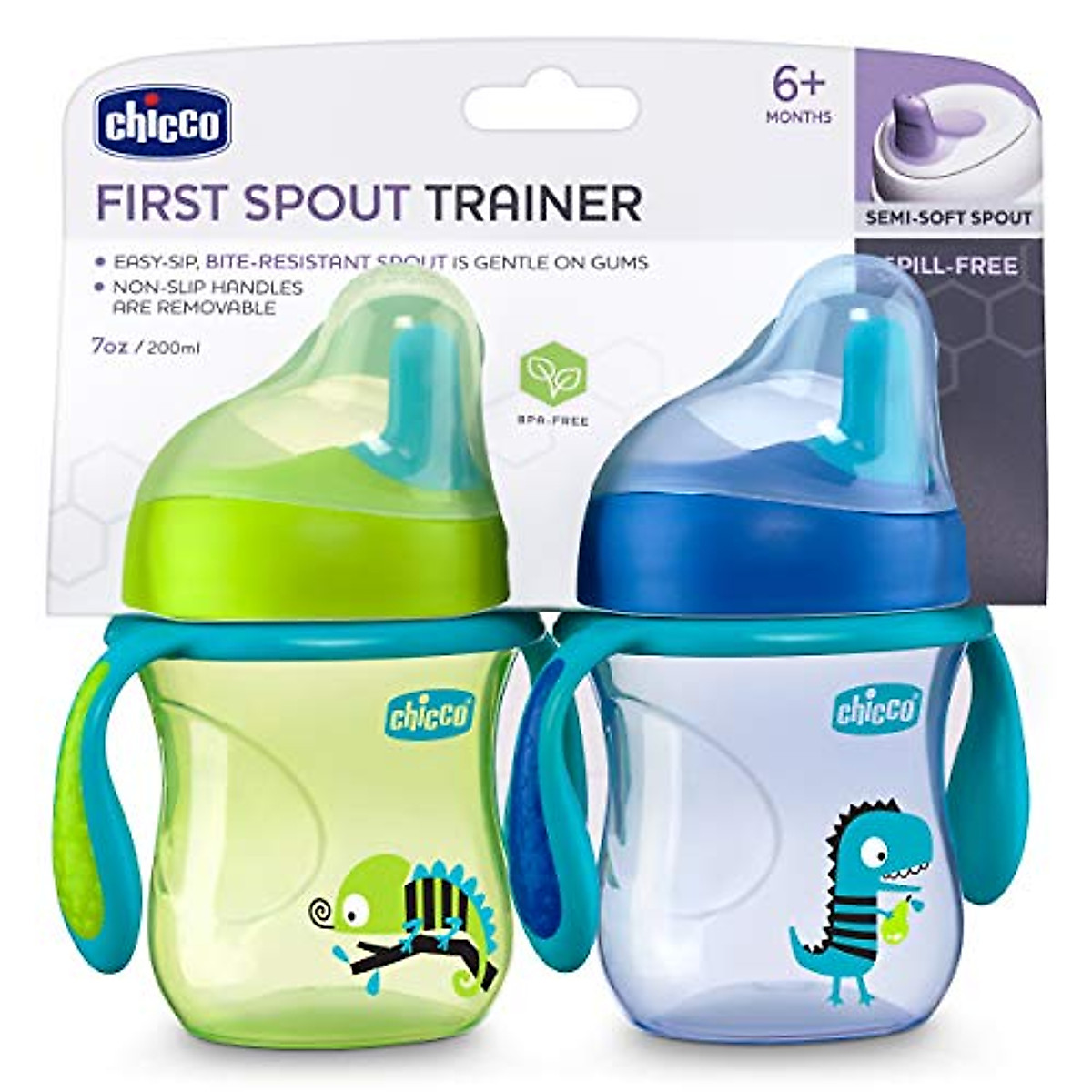 Chicco Semi-Soft Spout Spill Free Baby Trainer Sippy Cup, 6 Months, Blue/Teal, 7 Ounce (Pack of 2)