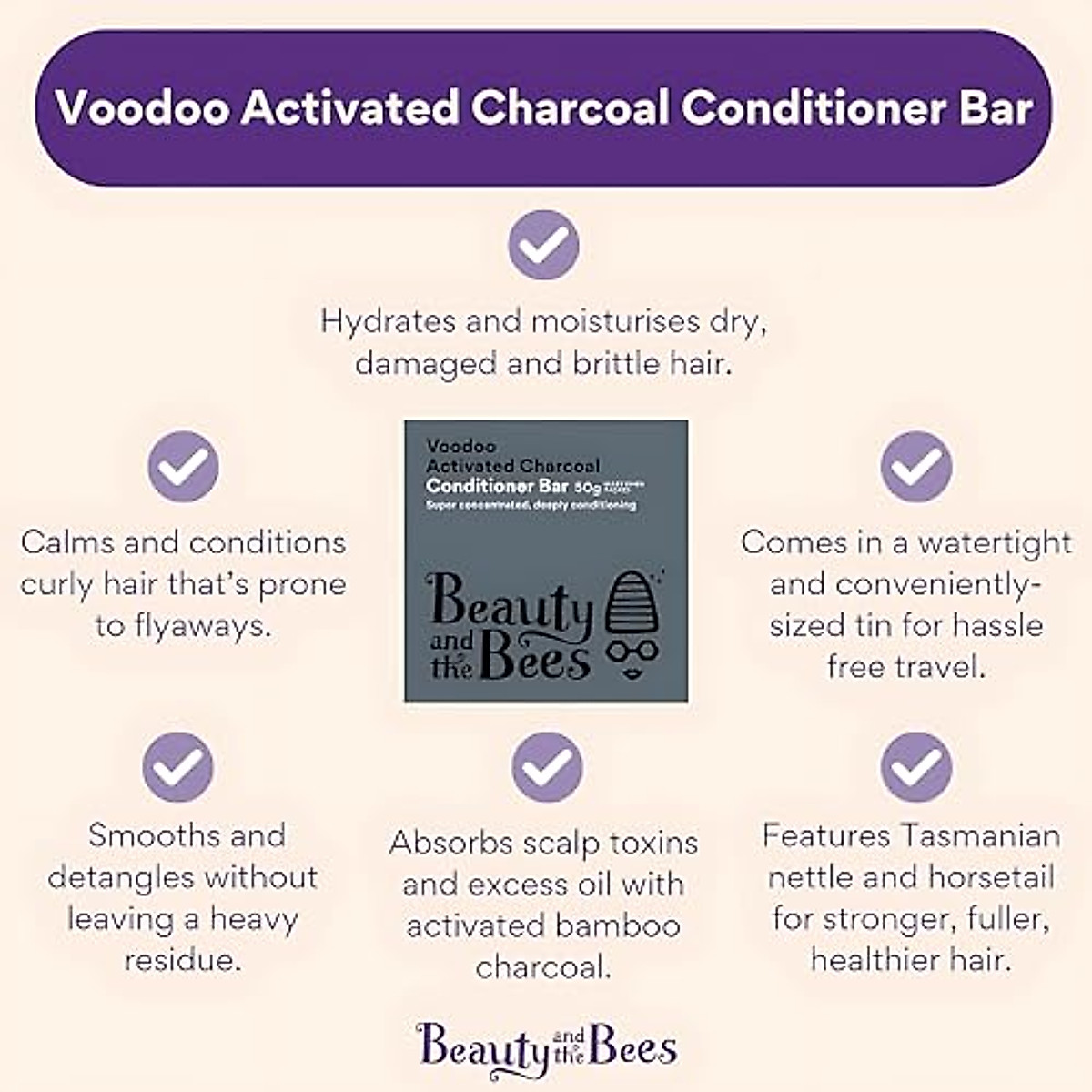 Beauty and the Bees Eco Friendly Voodoo Activated Charcoal Deep Solid Conditioner Bar 50g for Normal - Color Treated Dry Hair | Untangles and Softens Hair