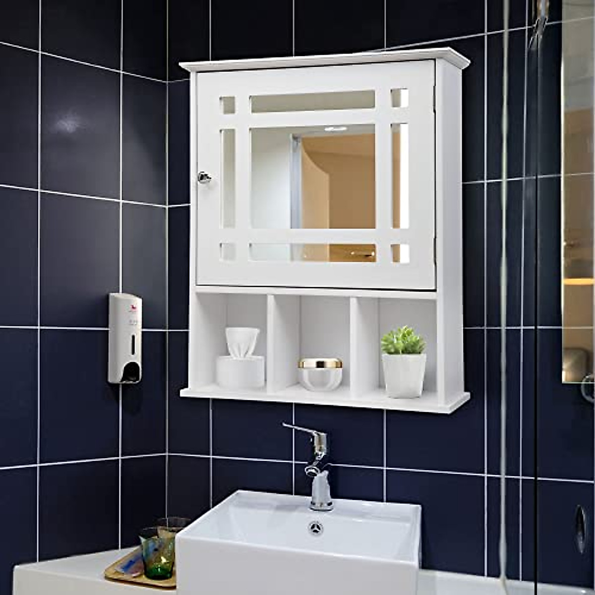 Sandinrayli Bathroom Wall Cabinet, Bathroom Mirror Cabinet with Mirror,Wood Medicine cabinets for Bathroom with Adjustable Shelf & 3 Open Compartments,(White)