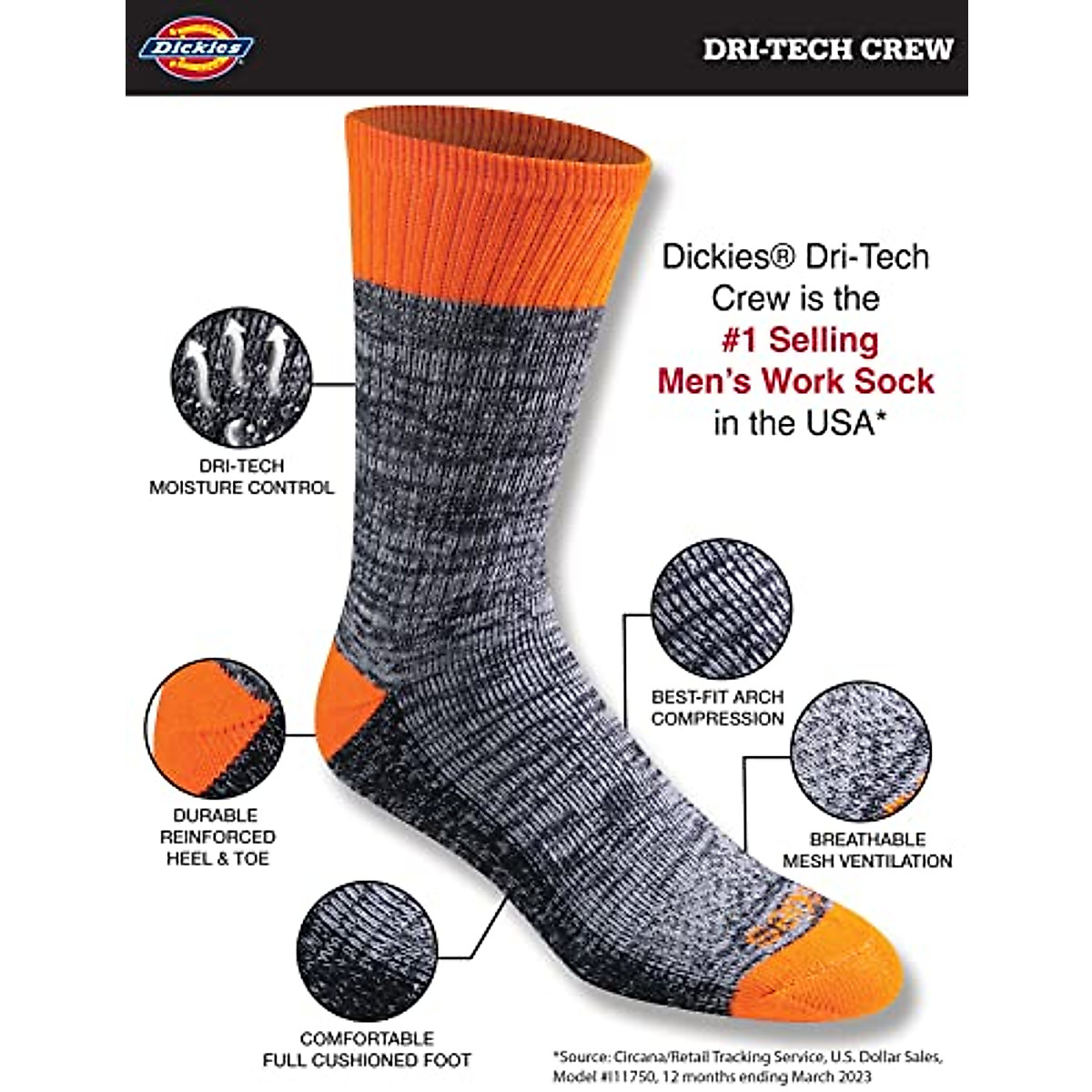 Dickies Men's Dri-Tech Legacy Moisture Control Crew Socks Multipack, Hi-Vis Orange Black (6 Pairs), Medium