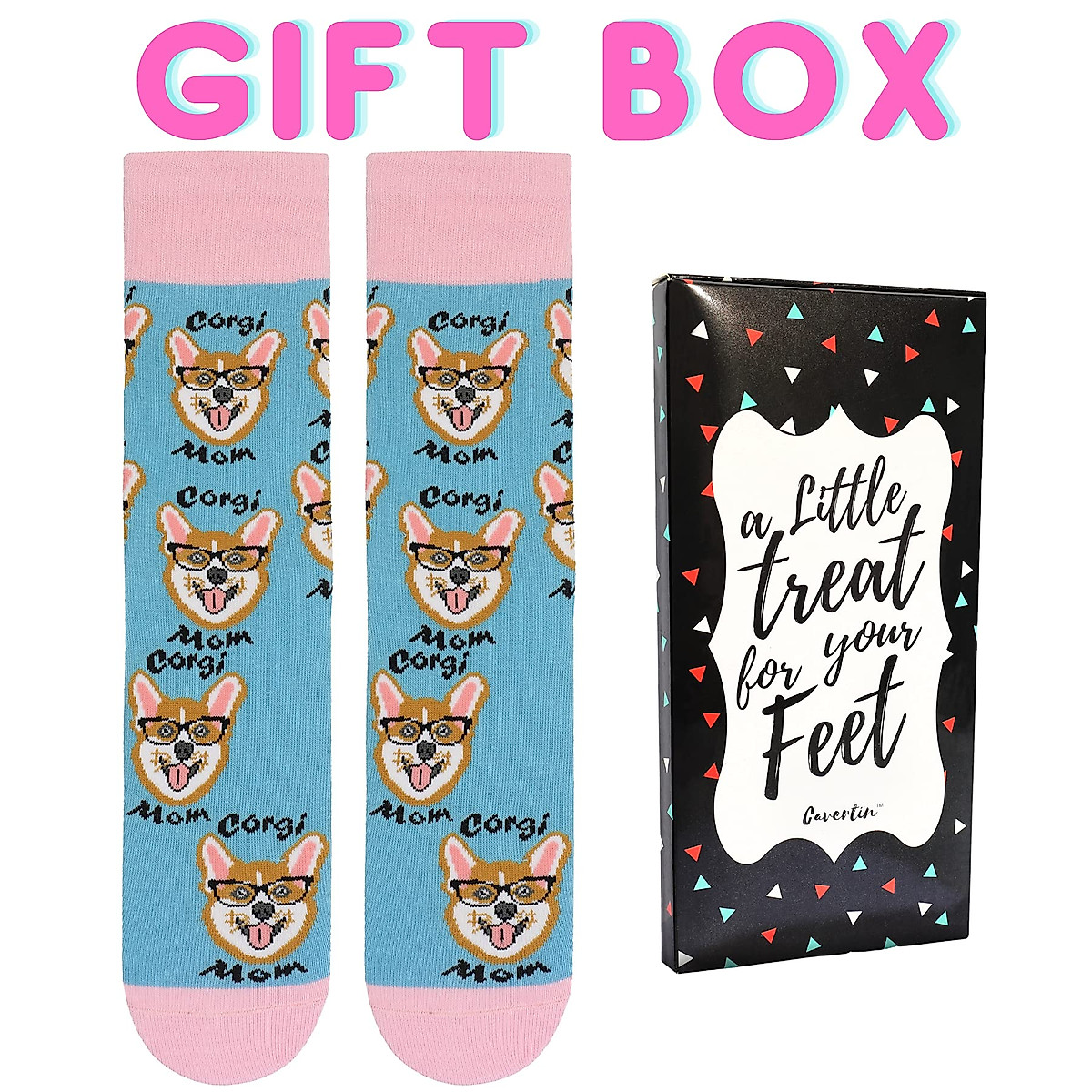 Cavertin Women's Novelty Socks with Gift Box Cat Lover Dog Mom Book Lover Cat Mom Llama Unicorn Sloth Corgi (Corgi)