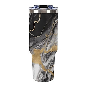40 Oz Vacuum Tumbler with Deep Blue Handle Leakproof Insulated Tumbler Black White Gold Foil Marble Stainless Steel Travel Mug with Lid And Straw Coffee Cup Cute Water Bottles Cup Holder Friendly