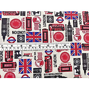 AMORNPHAN 45 Inch London British Big Ben Bus Great England United Kingdom UK England Flag Country Printed Cotton Fabric for Patchwork Needlework DIY Handmade Sewing Crafting Home Decoration For 1 Yard