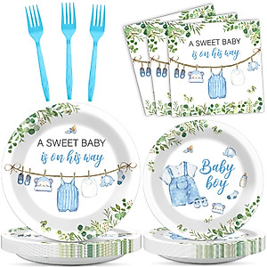 96Pcs Greenery Baby Shower Plates and Napkins Decoration Watercolor Blue Baby Boy Party Tableware Dinnerware Set A Sweet Boy Is On His Way Paper Plates for Gender Reveal Party Supplies Serve 24 Guests