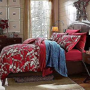 Brandream King Size Duvet Cover Set Japanese Oriental Style Cherry Floral Red Blossom Flower Branches Print Chinoiserie Bedding Pillowcases Set 800TC Egyptian Cotton Sateen Botanical Tree 3 Piece