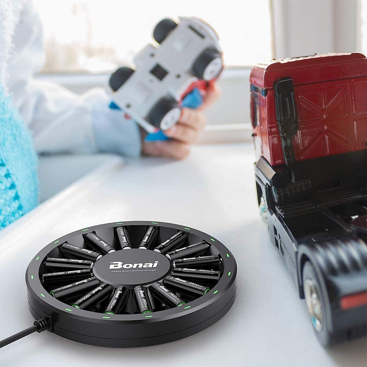 BONAI 16 Bay Battery Charger AA AAA with Rechargeable AA Batteries and Rechargeable AAA Batteries, Ni-Mh Rechargeable Batteries with Charger(Round-Design)