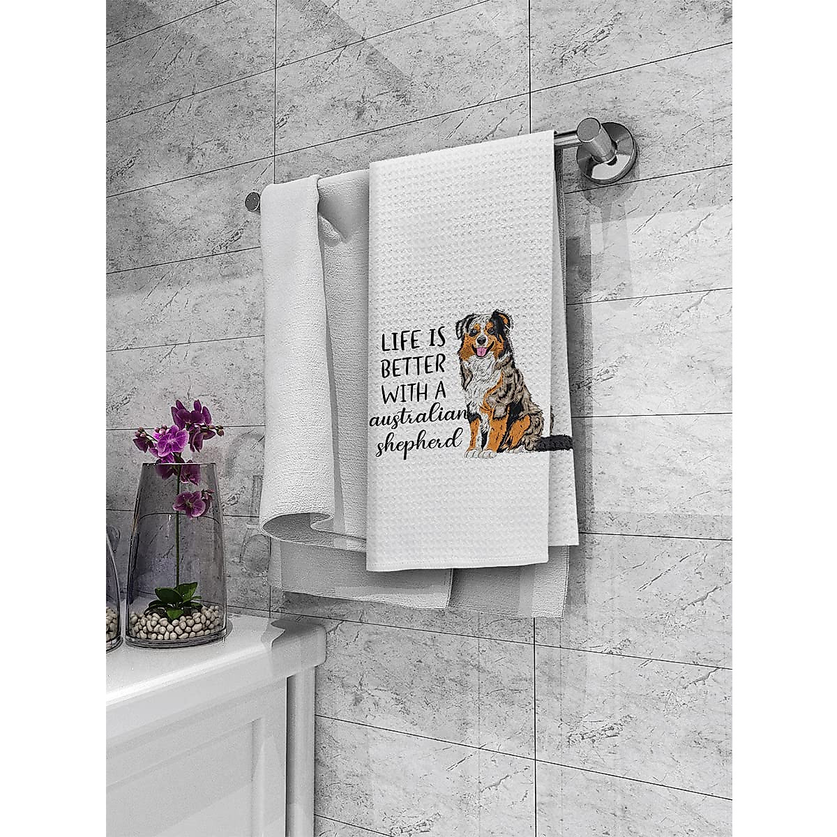 DIBOR Life is Better with A Australian Shepherd Kitchen Towels Dish Towels Dishcloth,Cute Puppy Dog Absorbent Drying Cloth Hand Towels Tea Towels for Bathroom Kitchen,Dog Lovers Girls Women Gifts