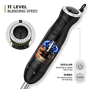 Bonsenkitchen Handheld Blender, Electric Hand Blender 12-Speed with Turbo Mode, Immersion Hand Held Blender Stick with Stainless Steel Blades for Soup, Smoothie, Puree, Baby Food