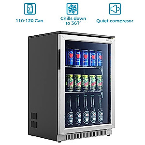 WEILI Beverage Refrigerator and Cooler, 20 Inches Wide Under Counter Fridge with Stainless Steel & Glass Door, Auto Defrost, Freestanding or Built in