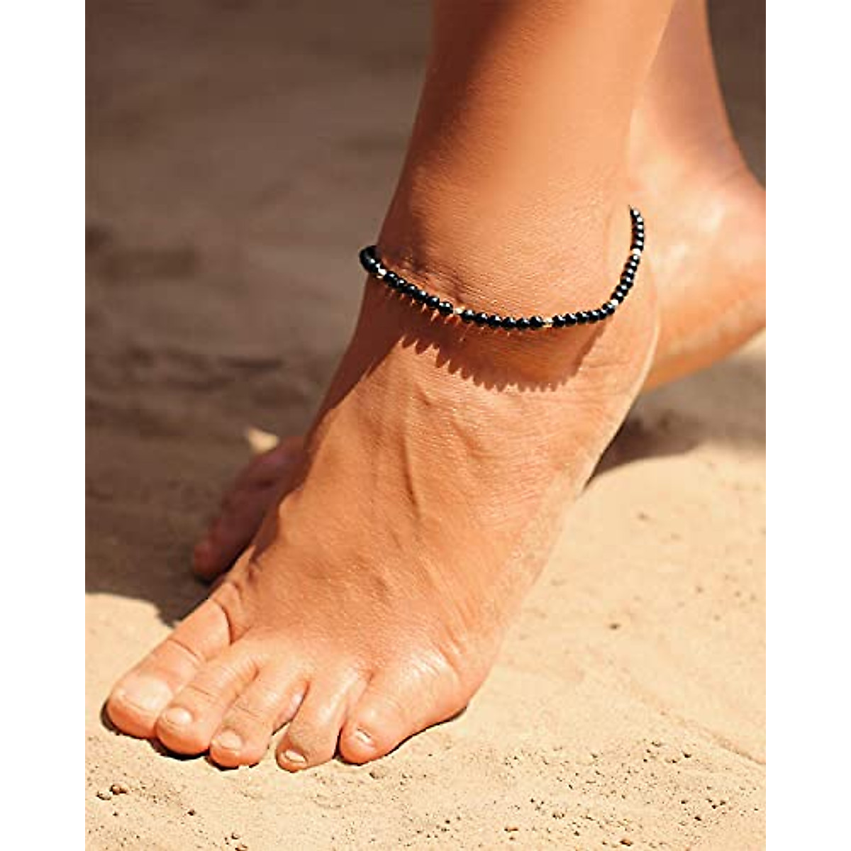 Jewever Black Obsidian Anklet Bracelet for Women crystals and healing stones Beach Foot Beaded Adjustable(8.5-10 Inches)