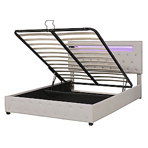 Queen Lift Storage Bed Upholstered Bed, Luxury Bed Frame With LED Light Bluetooth Player And USB Charging,Adjustable Linen Fabric Headboard,Hydraulic Storage Platform Bed For Kids Teen Adults (Beige)