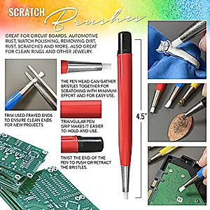 Pixiss Scratch Brush Pen Set with Replacement Tips, Fiberglass, Steel, Brass, Nylon, 5-inches Pen Style Prep Sanding Brush 4-Pack for Corrosion, Rust, Jewelry, Circuit Boards and Auto Body Work