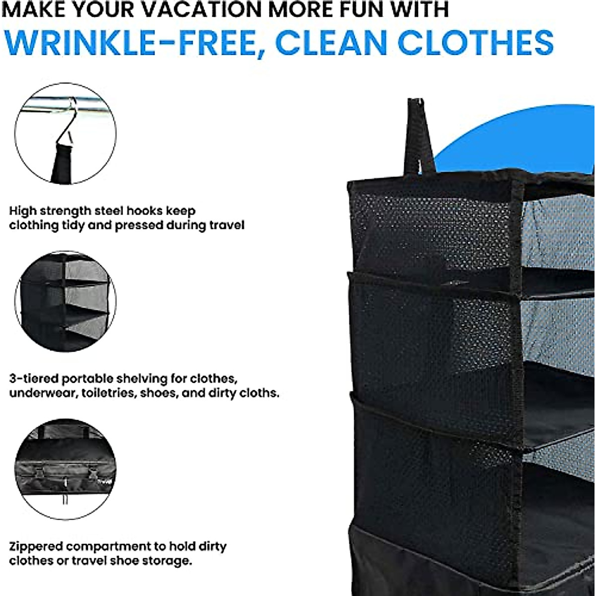 Grand Fusion Housewares Stow-N-Go Luggage and Travel Organizer, Travel Essentials, Hanging Packing Cubes With Hanging Shelves And Laundry Storage Compartment, Black