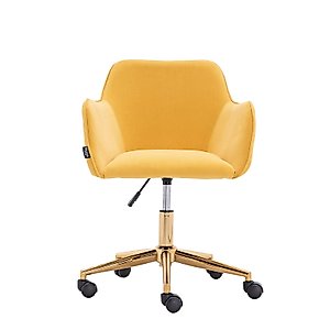 Modern Office Chair Velvet Material Yellow Dressing Chair Adjustable Height Living Room Swivel Chair 360° Medieval Table Chair with Wheels W521 24.8Dx22.8Wx33.9H''