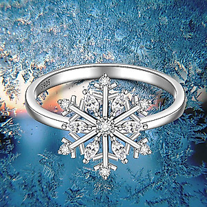 Sterling Silver Snowflake Ring Diamond Zirconia Crystal Christmas Snowflake Rings for Women Cute Dainty White Holiday Jewelry Gift Size 6