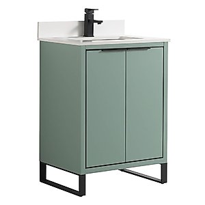Fine Fixtures Opulence Collection 24 in. W x 18 in. D x 33 in. H Bathroom Vanity in Mint Green with White Matte Sintered Stone Sink - Black Hardware