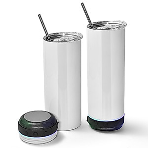 AGH 2 Pack Music Speaker Tumbler with Straw and Lid,20oz Sublimation Skinny Stainless Steel Double Wall Tumbler,Speaker Tumbler Cup with Detachable LED Light,Suitable for DIY Gifts（Black）