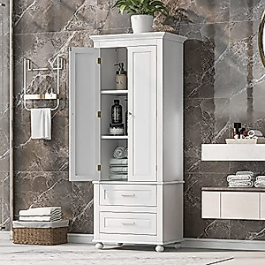 Tall Storage Cabinet with 2 Drawers and Double Door for Bathroom/Office, White Freestanding Kitchen Pantry Cabinet, Bathroom Cupboard w/Adjustable Shelf, Floor Cabinet Bookcase with Door (White-ty1)