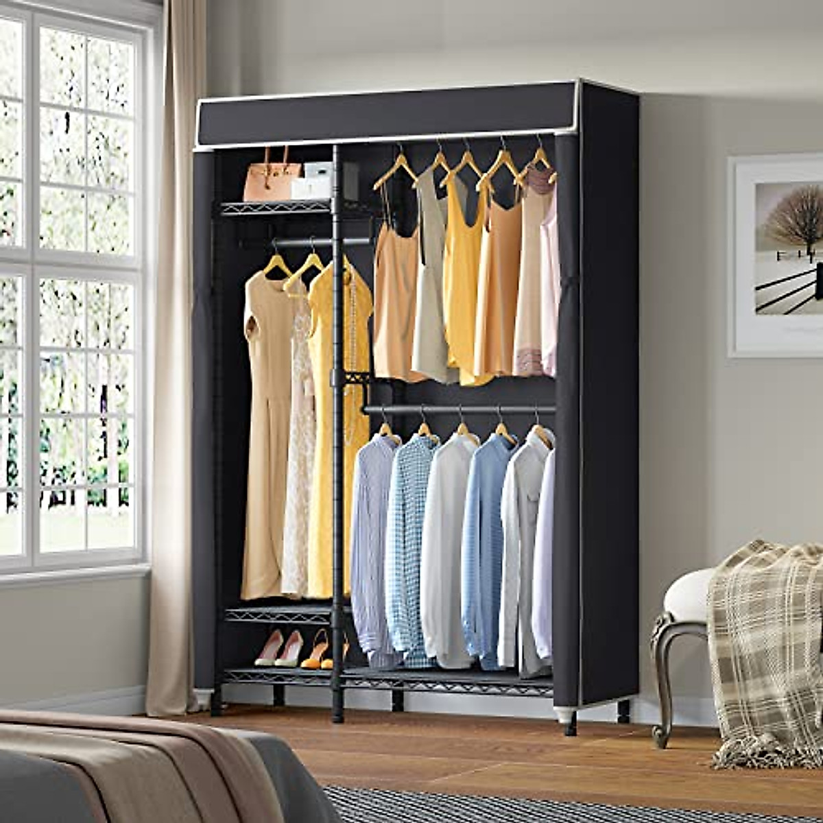 VIPEK V2C Wire Garment Rack Covered Clothes Rack with 3 Hanging Rods, Black Metal Clothing Rack with Black Oxford Fabric Cover Cover, Portable Closet Rack Free Standing Closet Wardrobe, Max Load 600LBS