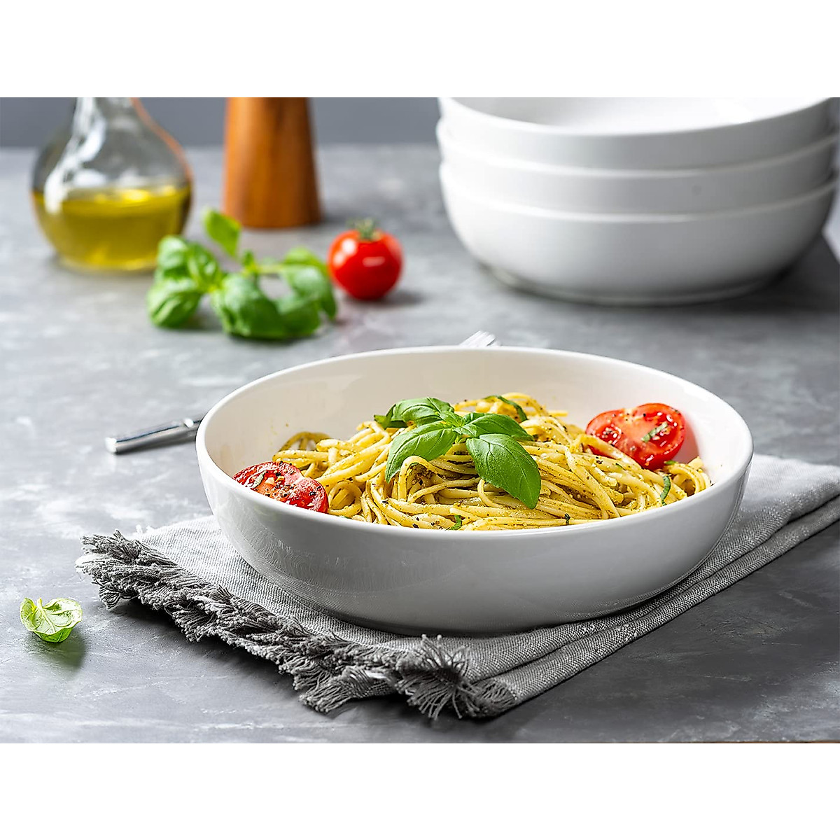 KooK Salad Bowl, Pasta Bowls, Soup, Serving Bowls, Ceramic, Large Capacity, Microwave & Dishwasher Safe, Set of 4, 40 Oz, (White)